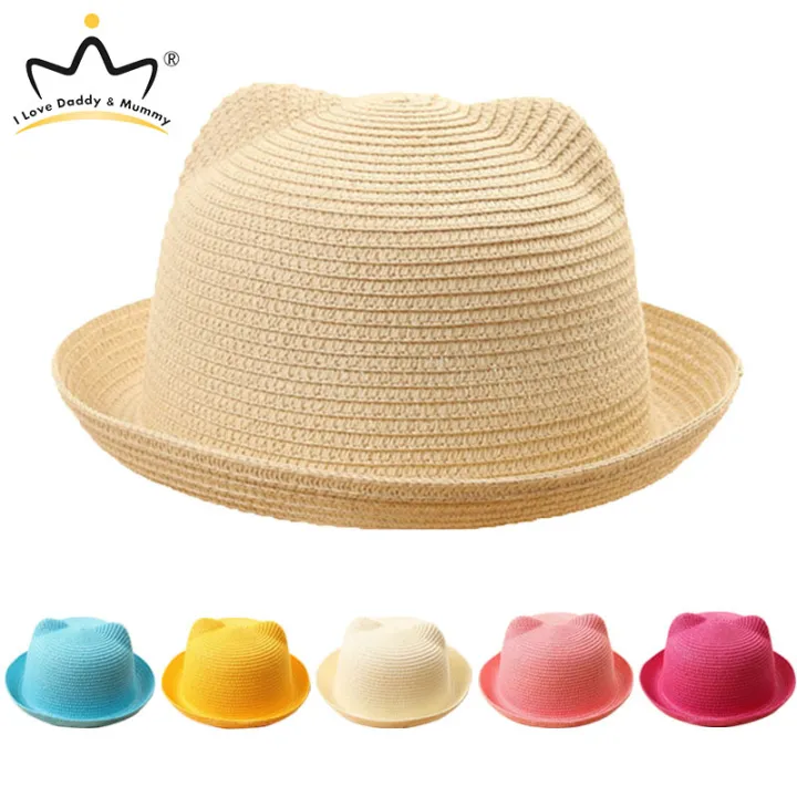 I LOVE DADDY&MUMMY Summer Baby Straw Hat Kids Cat Ear Decoration Cute ...