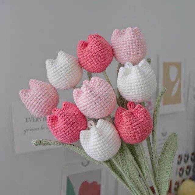 Hoa len handmade, set 9 bông hoa không tàn, bó hoa tulip làm bằng len ...