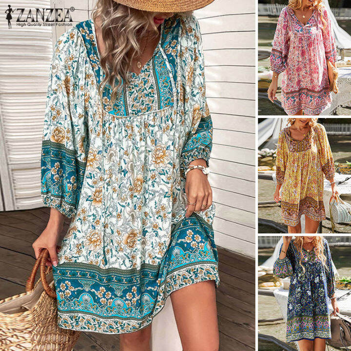 Rulfepy Zanzea Womens Bohemia Summer Beach A Line Sundress 3 4 Sleeve