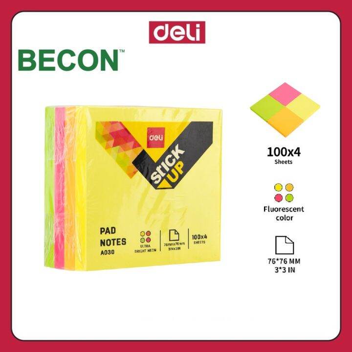 Deli Sticky Notes Fluorescent Colour 3 inch x3 inch EA03003 4 colours ...