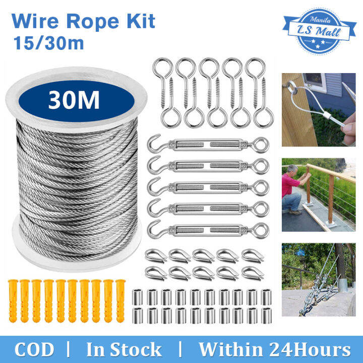 Turnbuckle Wire Tensioner Kit Includes 15/30m Stainless Steel Wire Rope Cable Cable Railing Kits ...