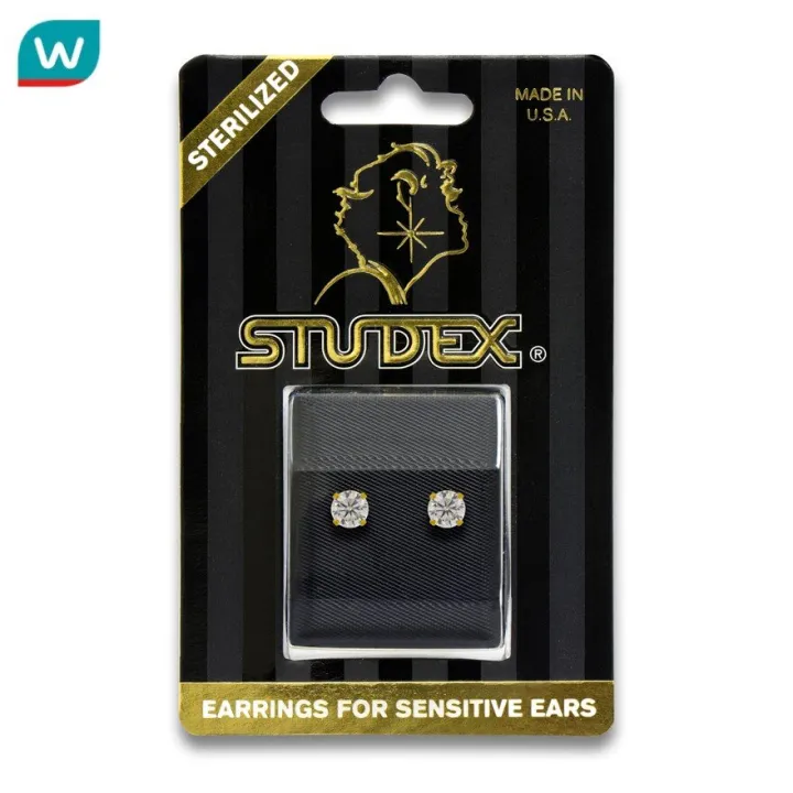 Studex สตั๊ดเด็กซ์ เซนซิทีฟ สเตอริไลส์ ต่างหู สำหรับผิวแพ้ง่าย ทองชุบ 5มม คิวบิค เซอโคเนีย ...