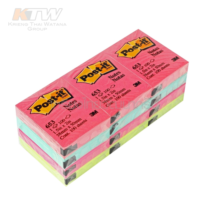 3M Post-It กระดาษโน๊ต คละสี ขนาด 1.5x2 นิ้ว รุ่น 653-AN ติดซ้ำใหม่ได้ ...