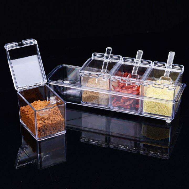 (RYHR) 4 Grid Acrylic seasoning box with spoons Spice jar set Condiment ...