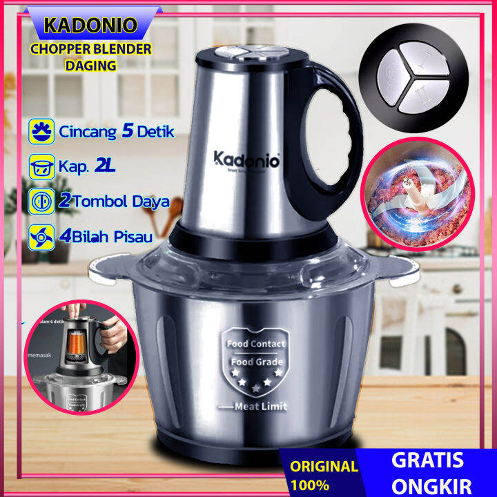 KADONIO Blender Daging Chopper Stainless 2L Penggiling Daging Multifungsi Meat Grinder 3 Tombol ...