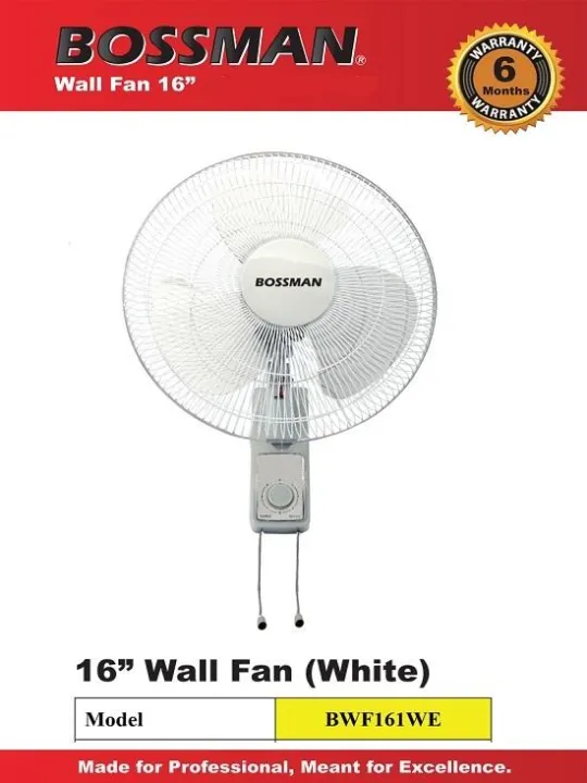 BOSSMAN 16" Wall Fan BWF161WE Aerodynamic Blades 3 Speed Double Pull ...