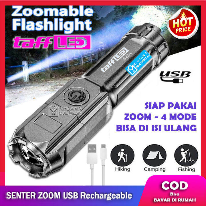 TaffLED Senter Cas LED Zoom USB Rechargable isi Ulang Cahaya Terang ...