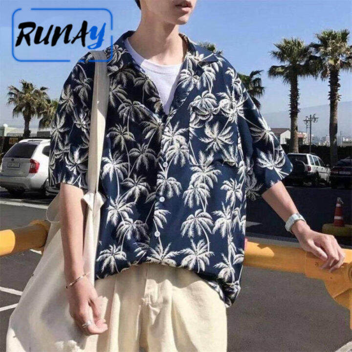 RUNAY เสื้อแขนสั้นพิมพ์ลายสำหรับผู้ชาย,เสื้อลำลองเสื้อชายหาดฮาวายเสื้อ ...