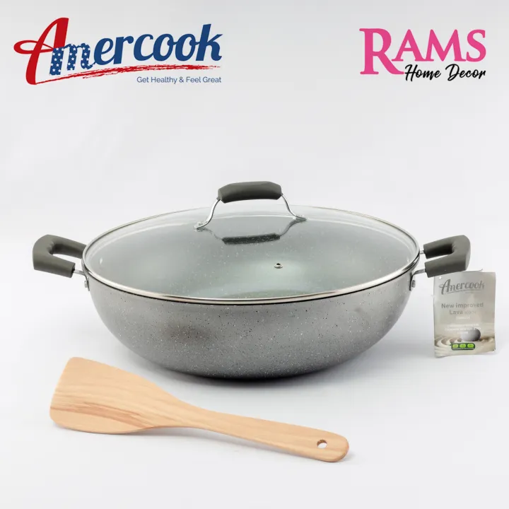 Amercook 36cm Induction Non Stick Wok Pan with Self Standing Glass Lid ...