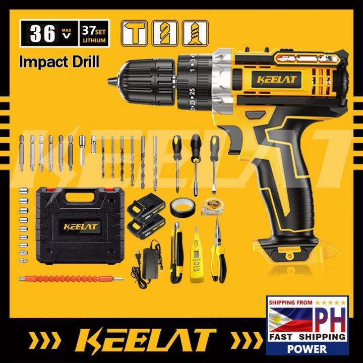 KEELAT Cordless Drill Impact Electric Battery Screwdriver Wall 3 Mode ...