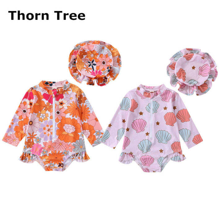 Thorn Tree 2Pcs Baby Girls Romper Swimwear Long Sleeve Floral/Shell ...