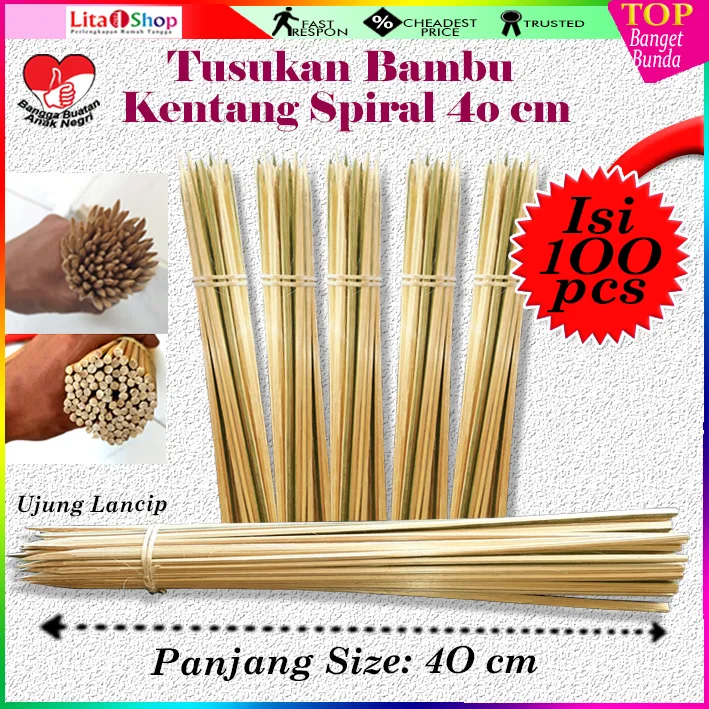 Tusuk Sate Bambu Panjang 40cm Isi 100 Pcs / Tusuk Kentang Spiral Murah ...