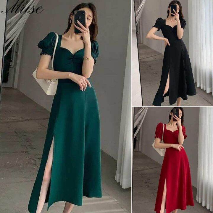 Muse Green Dress Women New Summer Bubble Sleeve Square Neck Hepburn ...