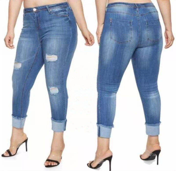 PLUS SIZE DENIM TATTERED BIG SIZE PANT SKINNY STRETCHABLE HIGH WAIST PANTS #775 | Lazada PH