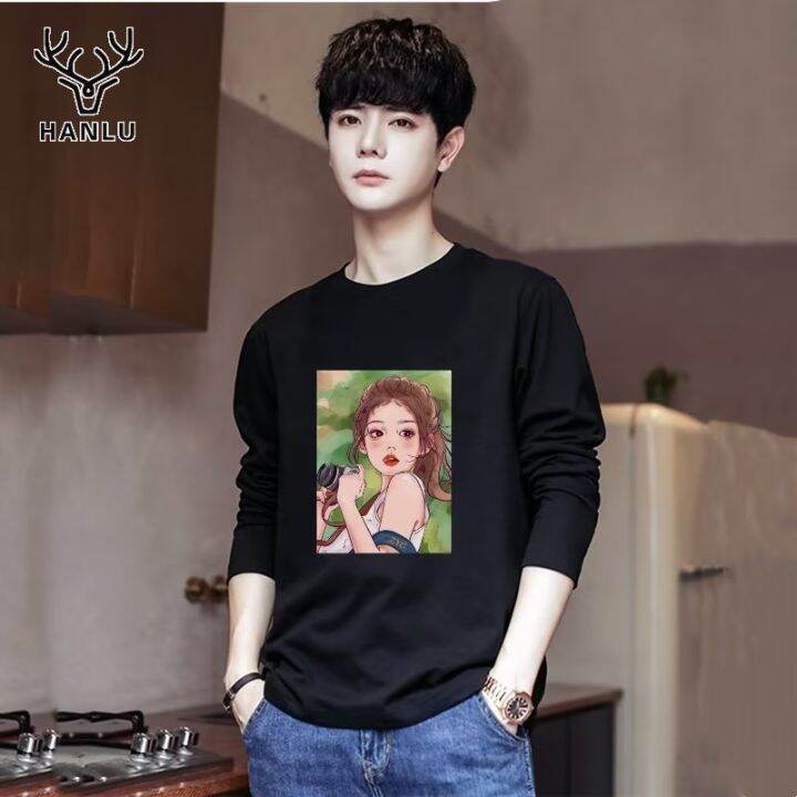 Hanlu เสื้อยืดแขนยาวพิมพ์ลายสีขาวใหม่ เสื้อยืดคอกลมแขนยาวแฟชั่นผช เสื้อแขนยาว เสื้อยืดหลวมสไตล์ ...