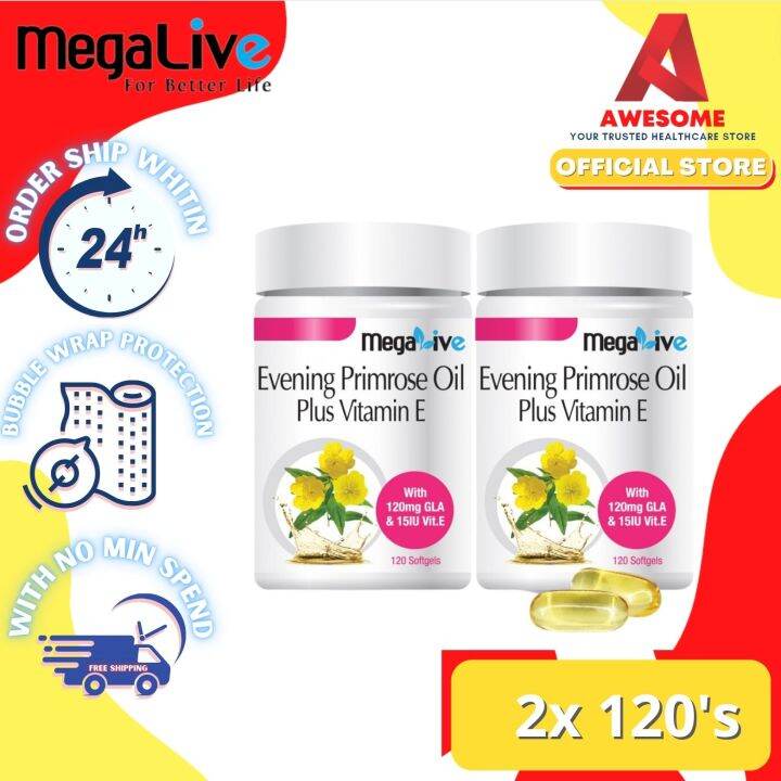 MegaLive Evening Primrose Oil EPO 1200mg Plus Vitamin E ( 120'S / 2 x ...