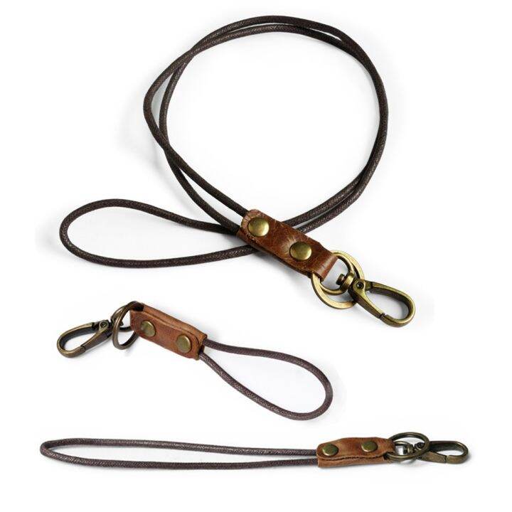 Retro Cowhide Leather Neck Lanyard Wrist Strap Keychain for Keys / ID ...