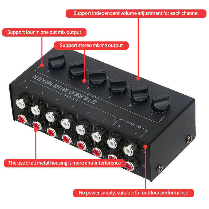 Mini Stereo 6 Channel Passive Mixer RCA Portable Audio Mixer 6 In 2 Out ...