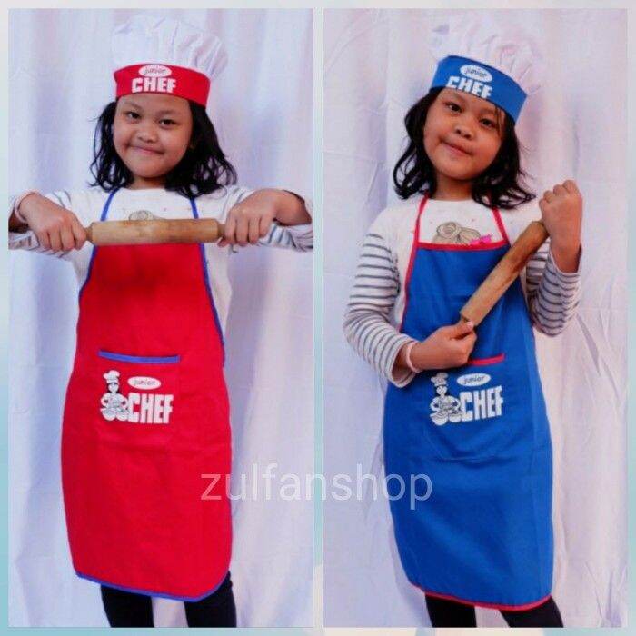 Apron/celemek anak junior chef plus topi - Merah | Lazada Indonesia