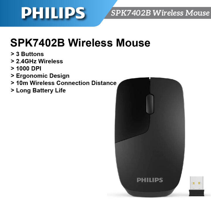 Philips Wireless Mouse (SPK7402B)1000 DPI Optical Tracking, 3 Buttons, 3 million clicks lifespan ...