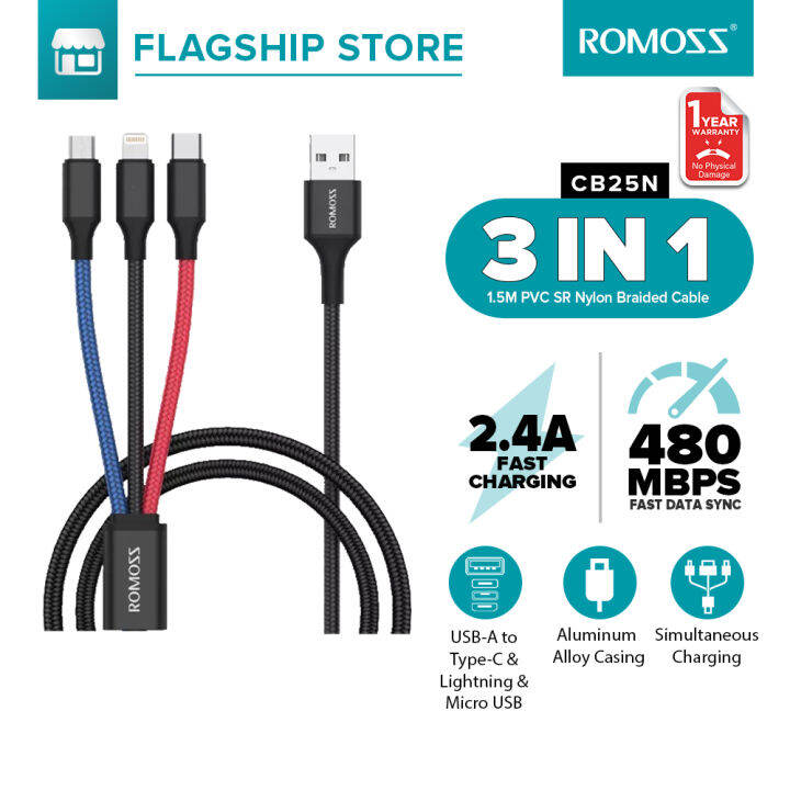 Romoss CB25N 1.5M Nylon 3 in 1 Charging Cable USB to Lightning/Type C ...