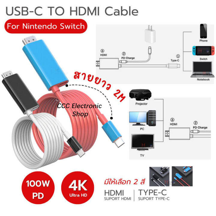 Switch Type C to Hdmi อแดปเตอร์ 2m รองรับการชาร์จ 4K 100W PD สาย HDMI ที่จำเป็นสำหรับการเดินทาง ...