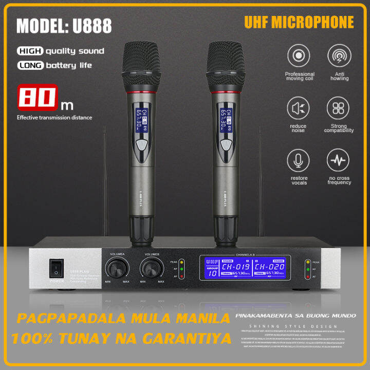 U888 Wireless Microphone 2 Handheld UHF FM 80M na distansya ng ...