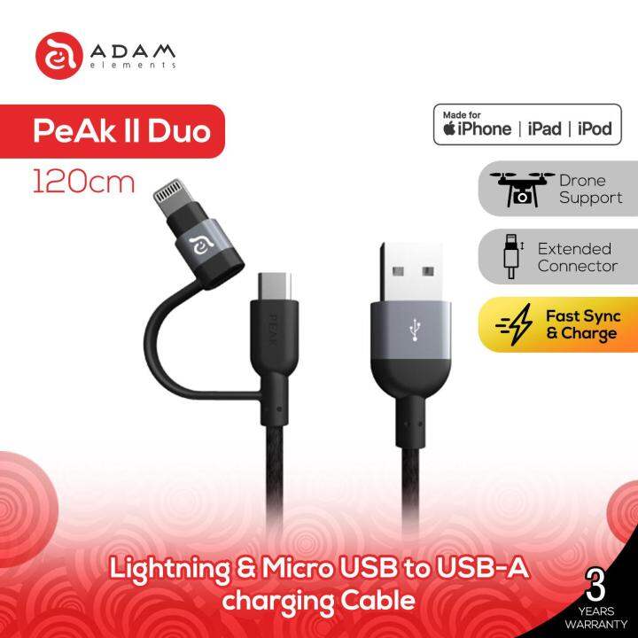 ADAM ELEMENTS PEAK DUO 120B - CABLE USB A to Micro + Lightning MFI | Lazada Indonesia