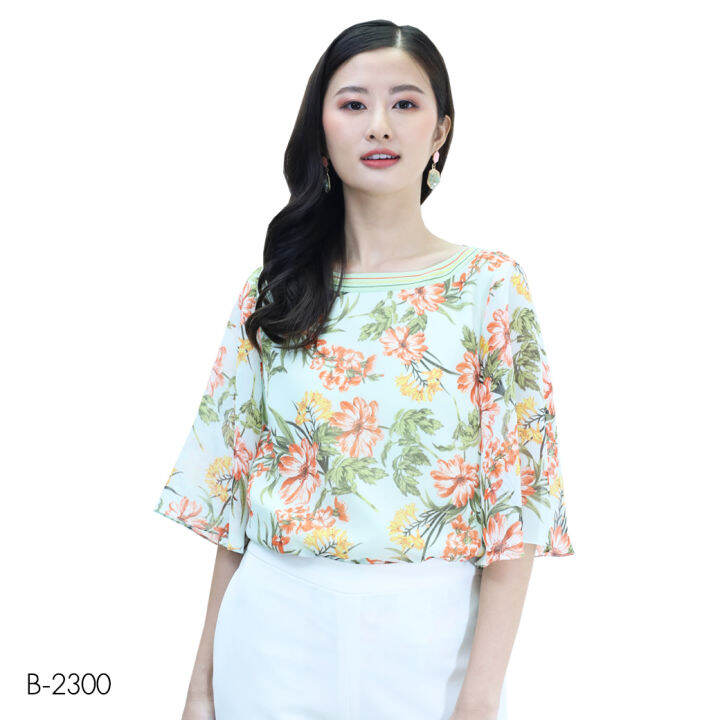 MIKIKO Blouse MI-B2300 ชิฟฟอนปริ้นท์ แขนยาว IGPU22-8 | Lazada.co.th