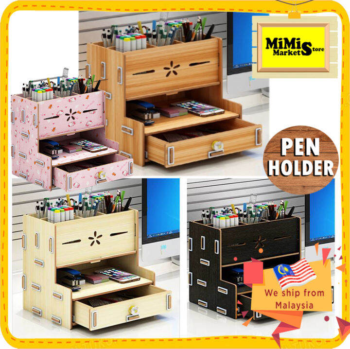 Pen Holder Wooden Storage Box Organizer Multifunctional Student ...