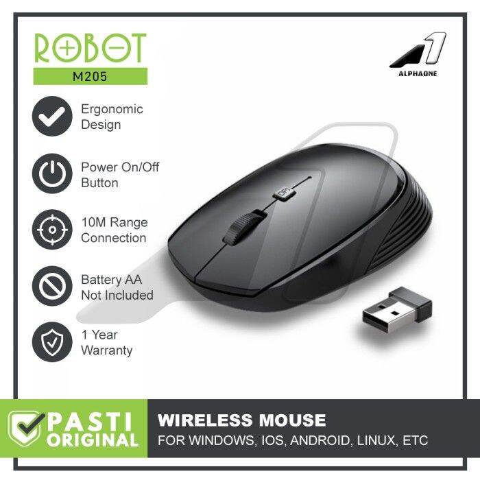 ROBOT Mouse Wireless M205 Optical 2.4Ghz 1600DPI Ergonomis (New M200 ...