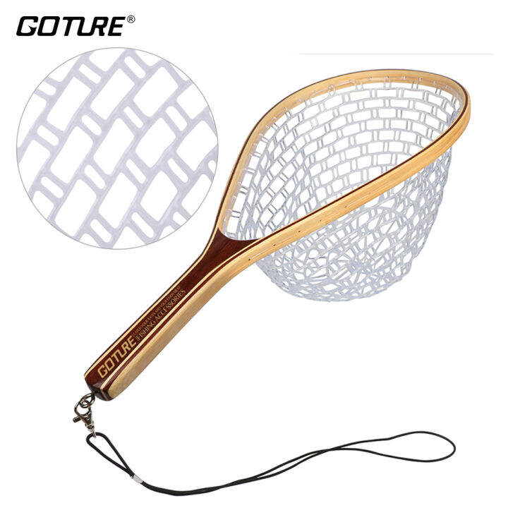 Goture Rubber Fishing Net Landing Net Bamboo And Wooden Frame Hand Net ...