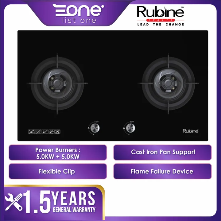 Rubine 5.0kW 2 Burners RGH-LOTOFLEXI2B-BLFX Black Tempered Glass Gas ...