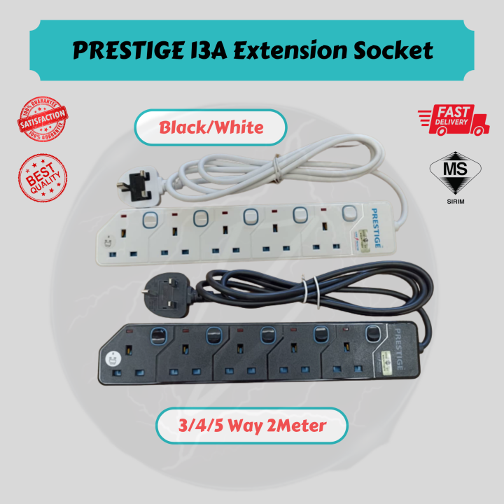 PRESTIGE 13A Extension Trailing Socket 3/4/5WAY/2METER [Black/White ...