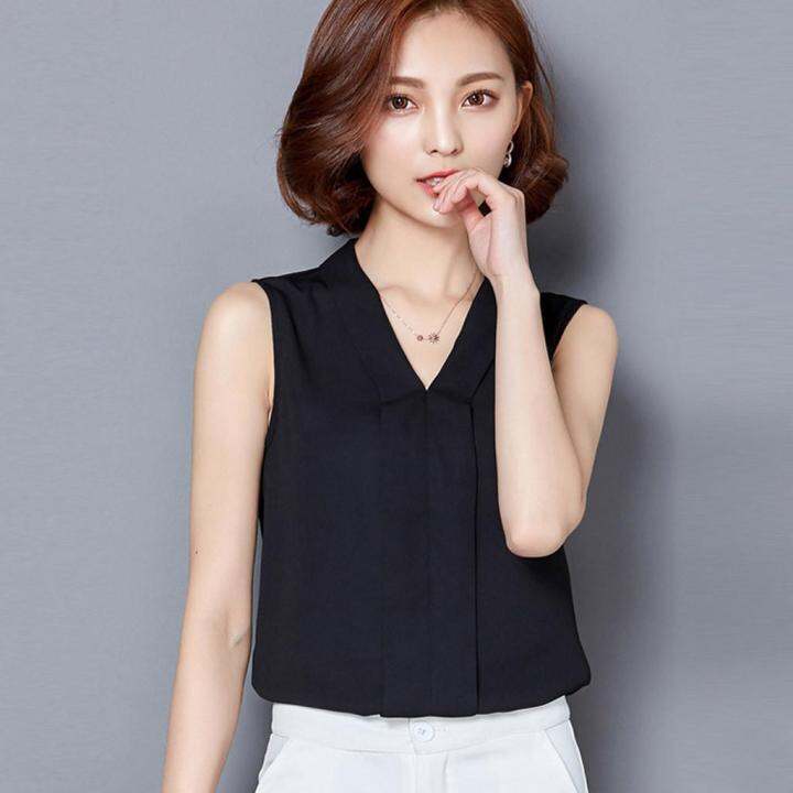 FDBGผู้หญิงสั้นๆสำนักงานใส่ทำงานคอVเสื้อแขนกุดเสื้อลำลองผ้าชีฟอง ...