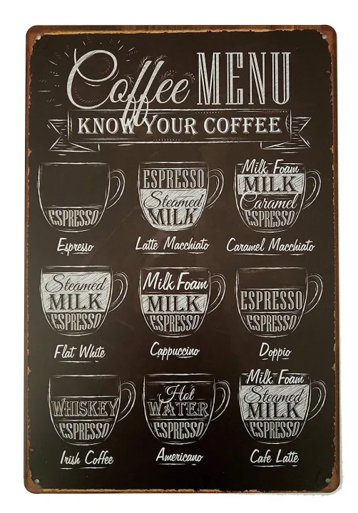 Coffee Menu Know Your Coffee Metal Tin Sign Wall Retro Metal Bar Pub ...