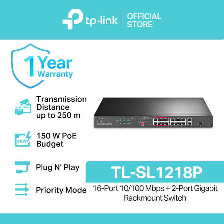 TP-Link TL-SL1218P 16-Port 10/100 Mbps + 2-Port Gigabit Rackmount Switch with 16-Port PoE+ ...
