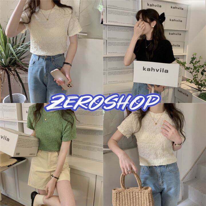 Zero shop🐰พร้อมส่ง🐰 (Zero-11120) เสื้อไหมพรมคอกลมแขนสั้น ดีเทลผ้าลายทั้งตัวน่ารักสีน่ารักมาก ...
