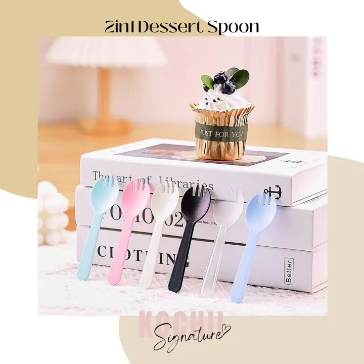 KOCHII 2in1 50pcs Disposable Dessert Spoon/Fork Plastic | Party Cutlery ...