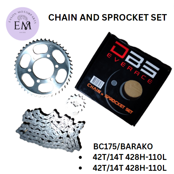 E.M. DBS CHAIN AND SPROCKET SET BC175 BARAKO 42T/14T, 45T/14T 428H-110L ...