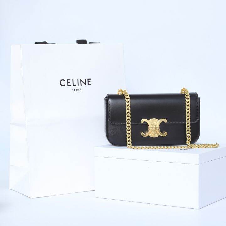 CELINE CHAIN SHOULDER BAG TRIOMPHE IN SHINY CALFSKINBLACK | Lazada.co.th
