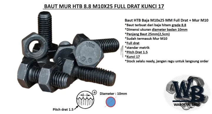 BAUT M10X25 BAJA HTB 8.8 FULL DRAT / BAUT BAJA M10 X 25 / BAUT MUR HTB 8.8 M10X25 FULL DRAT ...
