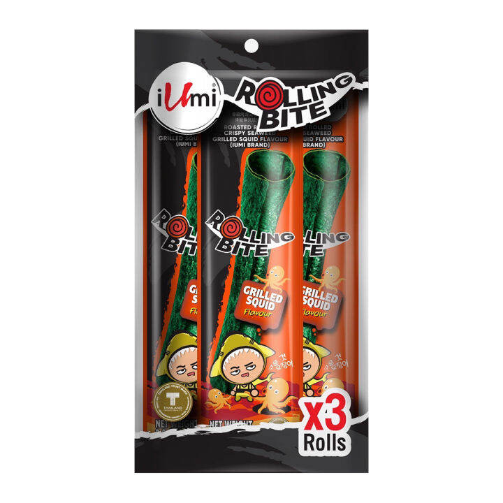 สาหร่าย iUmi Rolling Bite สาหร่ายม้วนอบกรอบ รสปลาหมึกย่าง (1 ซอง 3 ม้วน ...