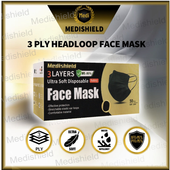 Medishield 50pcs Full Black Mask 3ply Face Mask Hijab Mask Head Loop ...