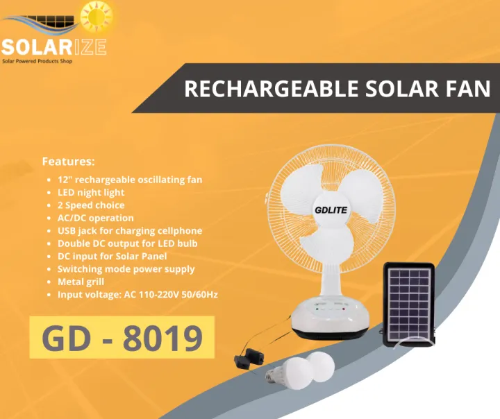 SOLARIZE GDLITE Solar Rechargeable 12" Fan with Solar Panel GD-8019 ...