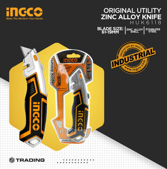 INGCO Tools Original Utility Knife Cutter ZINC ALLOY with 5pcs SK5 ...