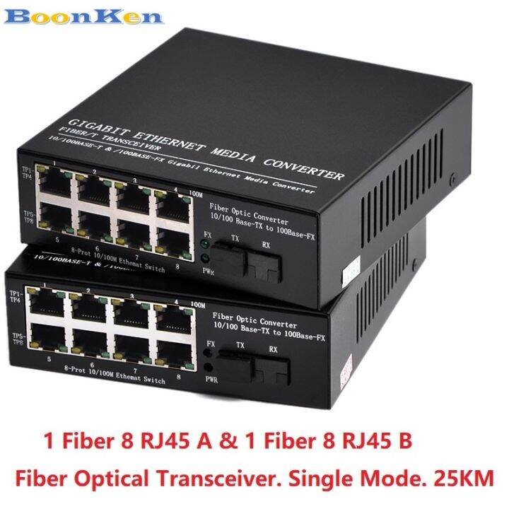1 pair 100M 1 Fiber port Optical Media Converter Single Mode 25KM 8 ...