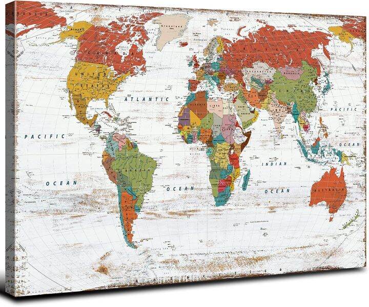 Large World Map Wall Art Office Living Room Decorations Vintage Maps of ...