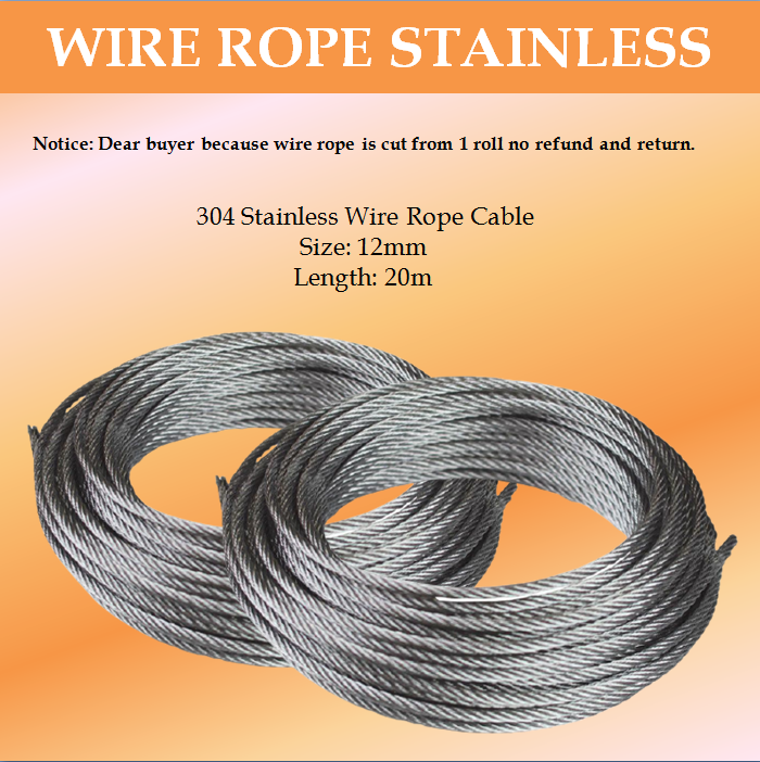 Ycaruz Lifting Supply 12mm 20 Meters Dia 304 Stainless Steel Wire Rope Cable Clip Silver Marine ...