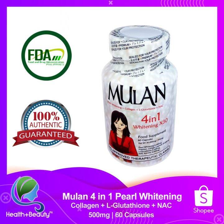 Mulan 4 in 1 Pearl Whitening, Collagen, Glutathione and NAC 60 Capsules ...